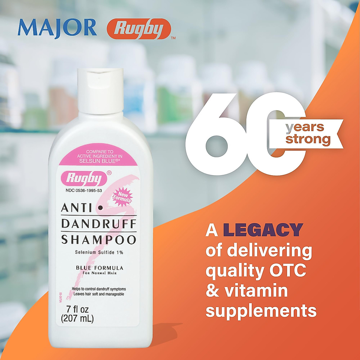 Rugby Selenium Sulfide Anti-Dandruff Shampoo - Blue Formula for Normal Hair - 7 Oz