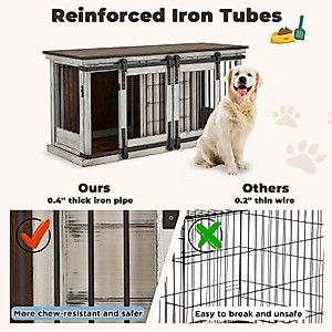 MELLCOM Large Wooden Dog Cage, Durable and Bite Resistant, Spacious with Dividers, Sliding Barn Door Design, White and Brown