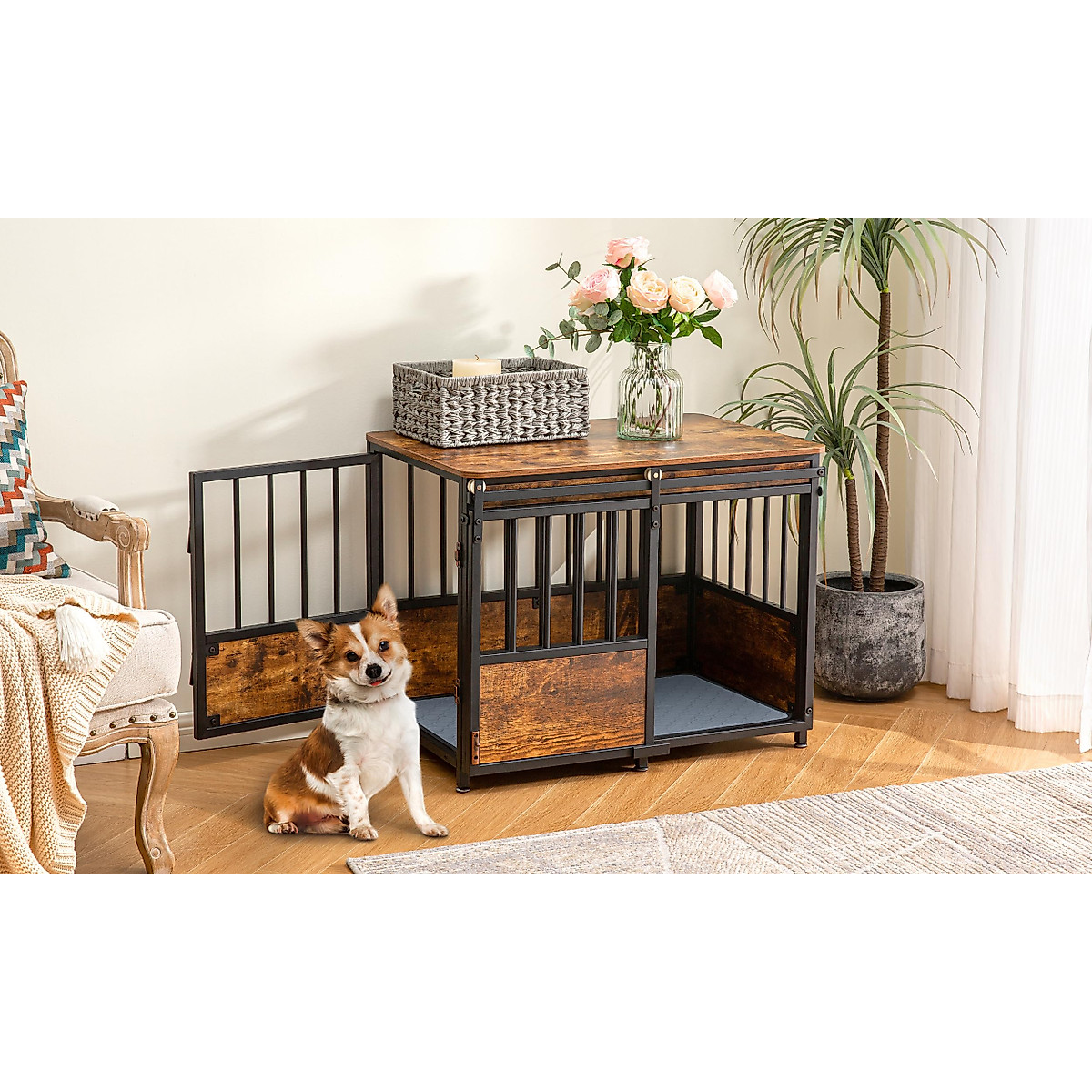 KOOPRO 32 Inch Dog Crate Furniture with Cushion for Large Medium Dogs, Wooden Heavy Duty Dog Kennel with Double Doors, Decorative Pet House Dog Cage Side End Table Indoor, Sliding Door Chew-Resistant