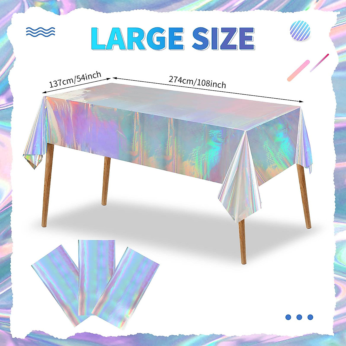 3 Pack Iridescence Plastic Tablecloths Shiny Disposable Laser Table Covers 54 x 108 Inch Sparkle Holographic Foil Tablecloth Iridescent Bridal Wedding Christmas Birthday Party Decoration (3, Laser)
