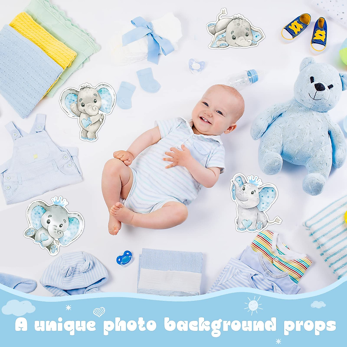 Tatuo Elephant Cutouts 36 Pcs Elephant Theme Baby Shower Decorations Cute Blue Elephant Cutouts for Baby Shower, Birthday Party, Gender Reveal Party Supplies