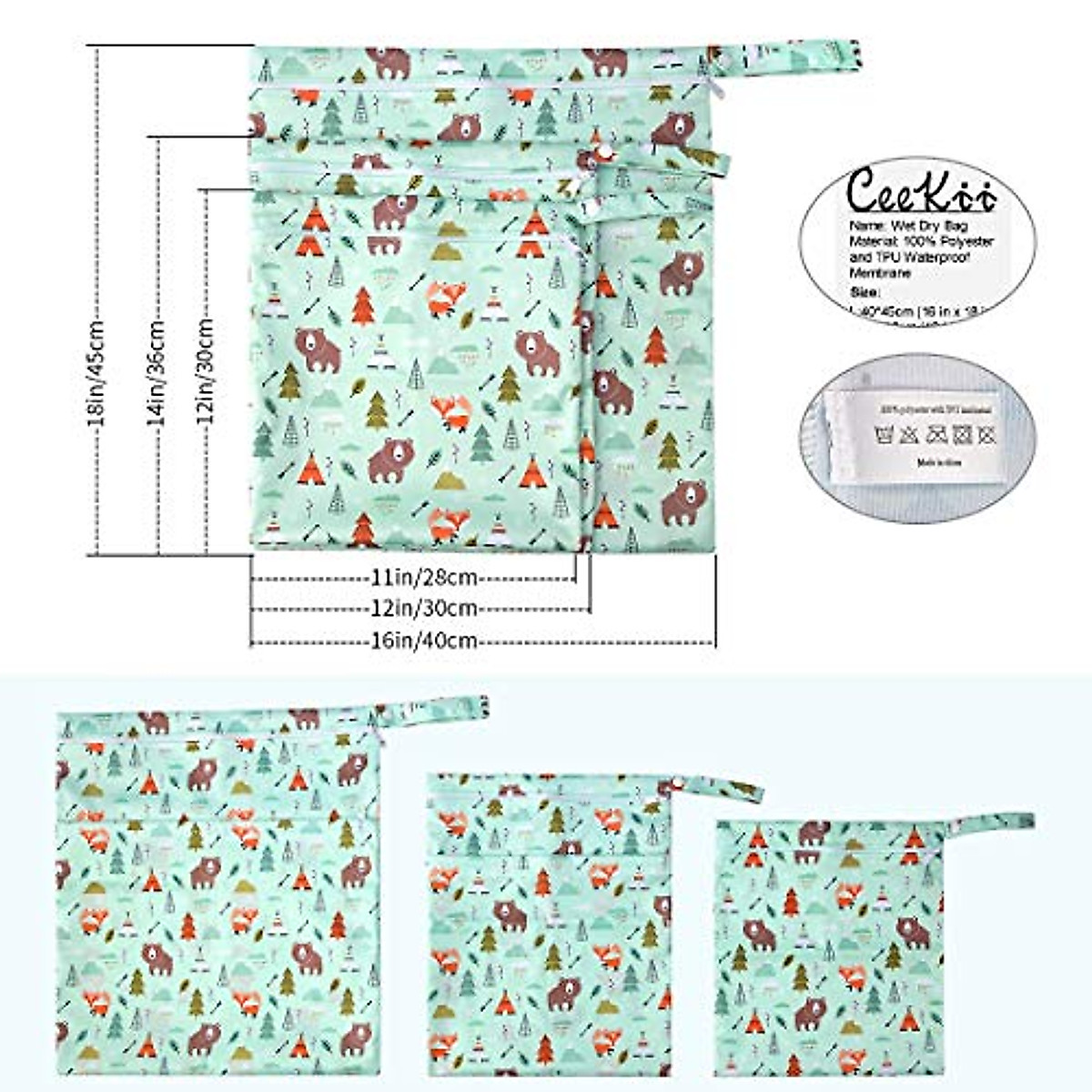 CeeKii Wet Dry Cloth Diaper Bags 3 Pack Washable Travel Bags, Waterproof Wet Bag, Baby Reusable Beach Pool Gym Bag for Swimsuits and Wet Clothes with Zippered Pocket and Snap Handle (Green)