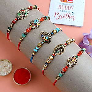 SATVIK 5 Pc Rakhi for Brother Bhaiya Bhabhi Traditional Handmade Assorted Designer Rakhi Set Roli Chawal, Greeting Card & Soun Stickers Rakhi Thread Rakhdi Bracelets Rakshabandhan