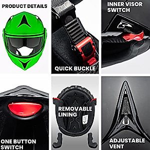 ILM Motorcycle Helmets Modular Dual Visor Flip-up Full Face Street Bike Racing Helmet DOT 5 Colors Model 808 (M, Green)