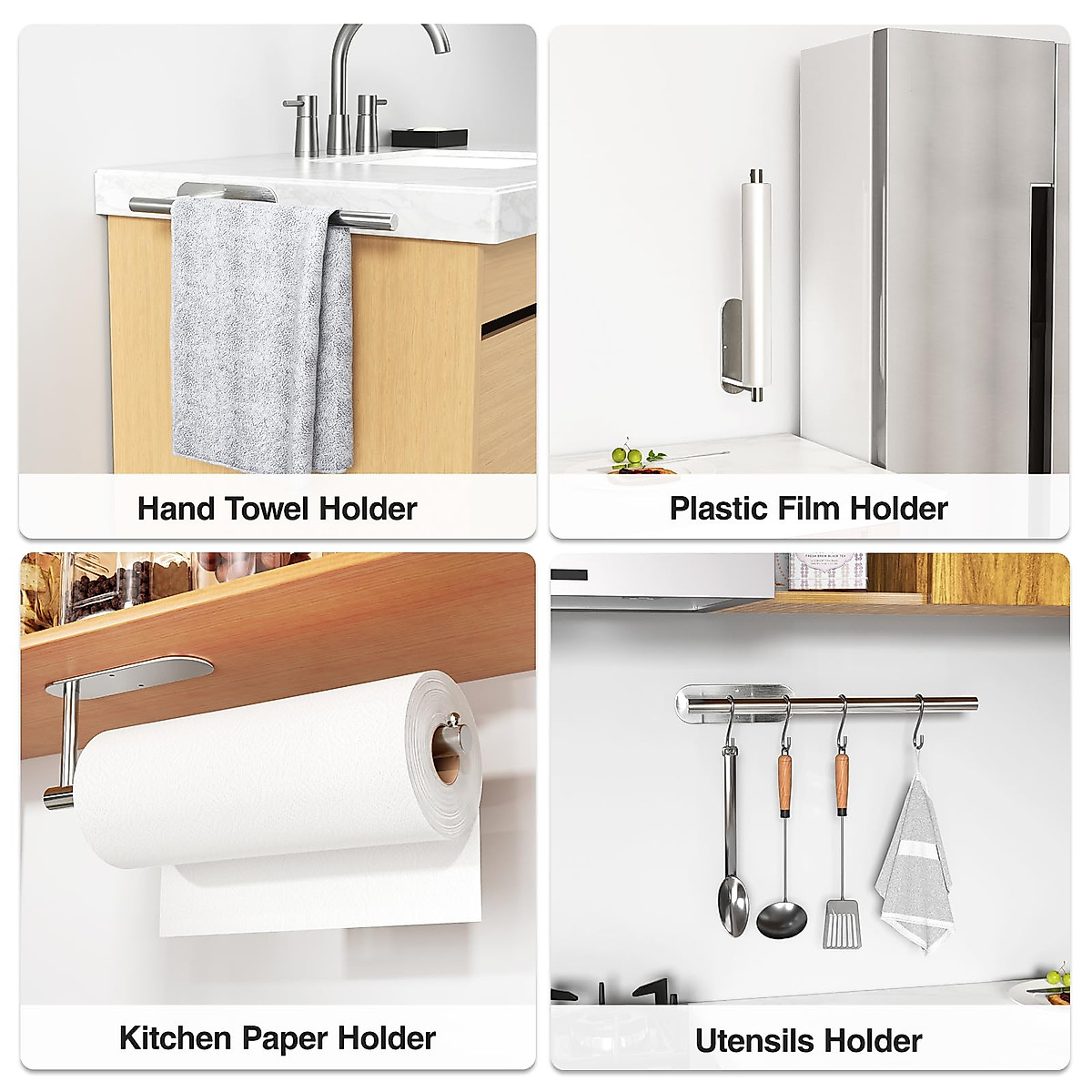 Paper Towel Holder - Self-Adhesive or Drilling Paper Towel Hanging Under Cabinet Wall Mount for Kitchen, Bathroom, Pantry, Sink Storage and Organization, Stainless Steel Black Paper Towel Holder