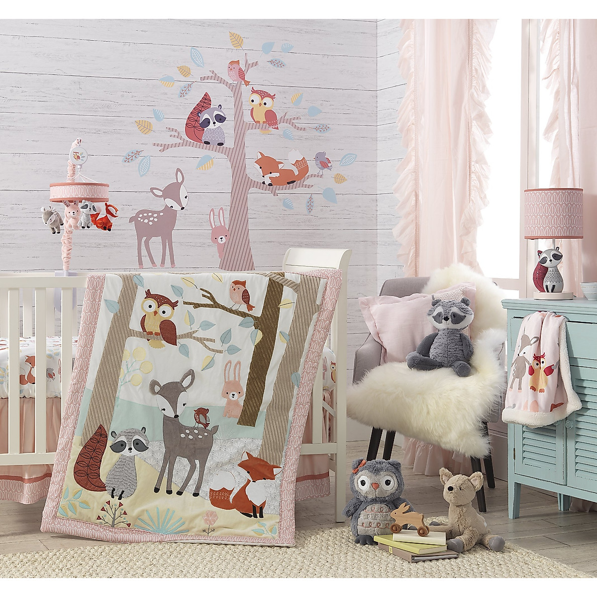 Lambs & Ivy Little Woodland Forest Animals 4 Piece Crib Bedding Set, Pink/White