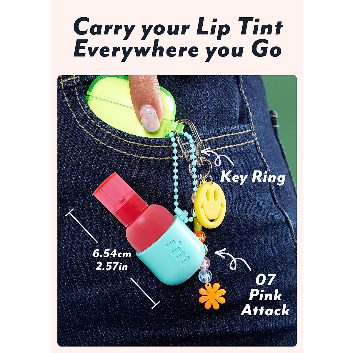I'M MEME Water Gel Tint - Color Key Ring | Gift, Highly-pigmented, Long Lasting, Travel-Friendly, Lip Stain, 07 Pink Attack, 0.09 Oz