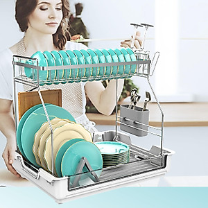 EMT ETRENDS Large Capacity Dish Drying Rack,Rust Resistant Dish Rack for Kitchen, Compact and Foldaway Dish Drainer with Removable Drainboard, Utensil/Cutlery Holder , Plastic, White