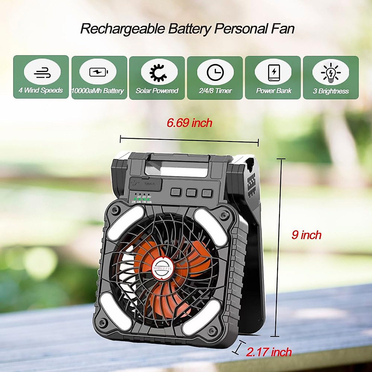 Sireck Solar Powered Camping Fan with LED Lantern,10000mAh Rechargeable Battery Operated Portable Fan,4 Speeds/Timer/Power Bank 90° Folding USB Personal Desk Fan (Black&Orange)