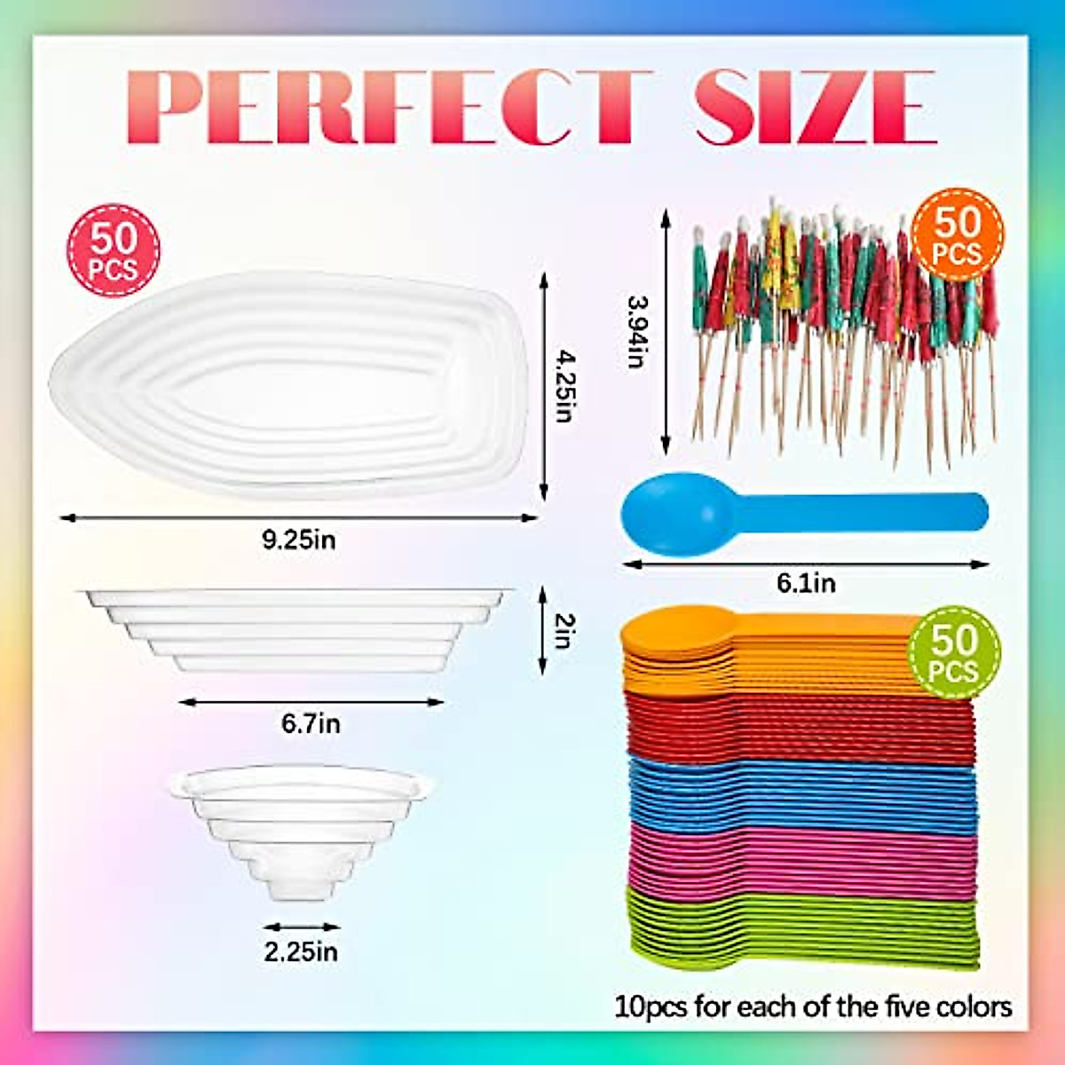 Clear Plastic 8 oz Banana Split Boat Bowls Set Disposable Reusable Banana Split Plate Include Ice Cream Sundae Splits Bowl Paper Umbrellas and Spoons for Parties Serving Sauces Candy Salad (50 Set)