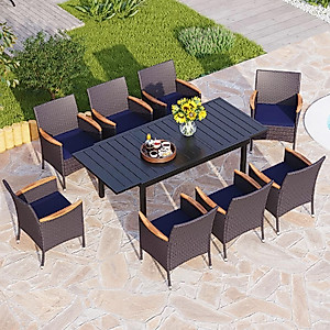 PHI VILLA 9-Piece Outdoor Patio Dining Set for 8, Expandable Rectangular Metal Dining Table & Rattan Cushioned Chairs Furniture Set for Backyard, Deck,