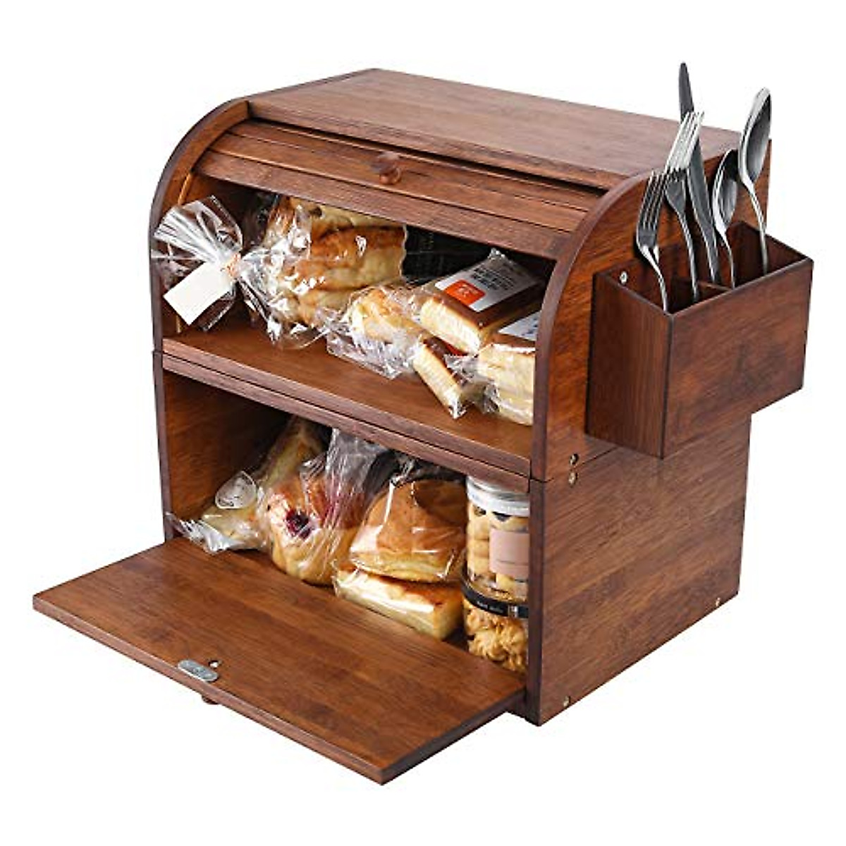 TQVAI Bamboo Bread Box for Kitchen Counter Dobule Layer Roll Top Bread Storage Container with Silverware Basket - Can Use as 2 Individual Bread Bin - Assembly Required, Retro Brown