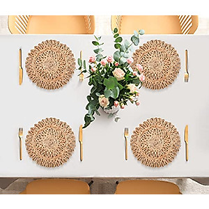 RIANGI 100% Jute Plate Mat Set 4 Reversible Natural 13x13 Inches Table Plate Mat Plate Chargers Rattan - Hand Made by Skilled Artisans - Table Settings for Dining Table Decor
