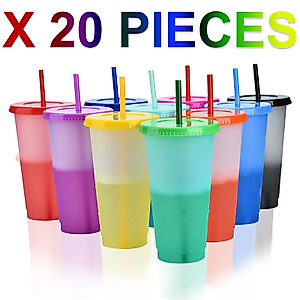 20 Pack Color Changing Cups with Lids and Straws 24 oz Reusable Cups Bulk Tumblers Color Changing Tumbler Cold Cups with Lids Plastic Tumblers Tall Iced Cold Coffee Cups Party Cups for Kids Adults