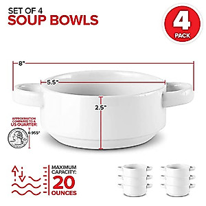 Modern Innovations 20 oz French Onion Soup Bowls with Handles in White (Set of 4) Oven and Microwave Safe Bowl, Stoneware Stackable, Large Ceramic Crocks, 2 Handle Crock
