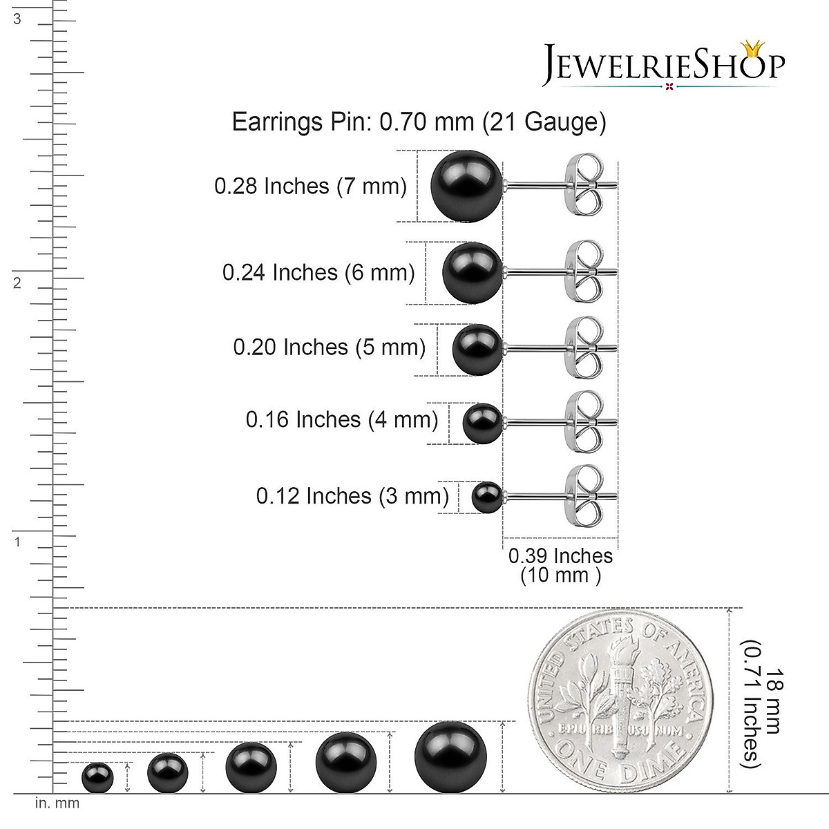 JewelrieShop Faux Pearl Earrings Hypoallergenic Stainless Steel Imitation Stud Pearl Earrings for Women - 5 Pairs (Black)