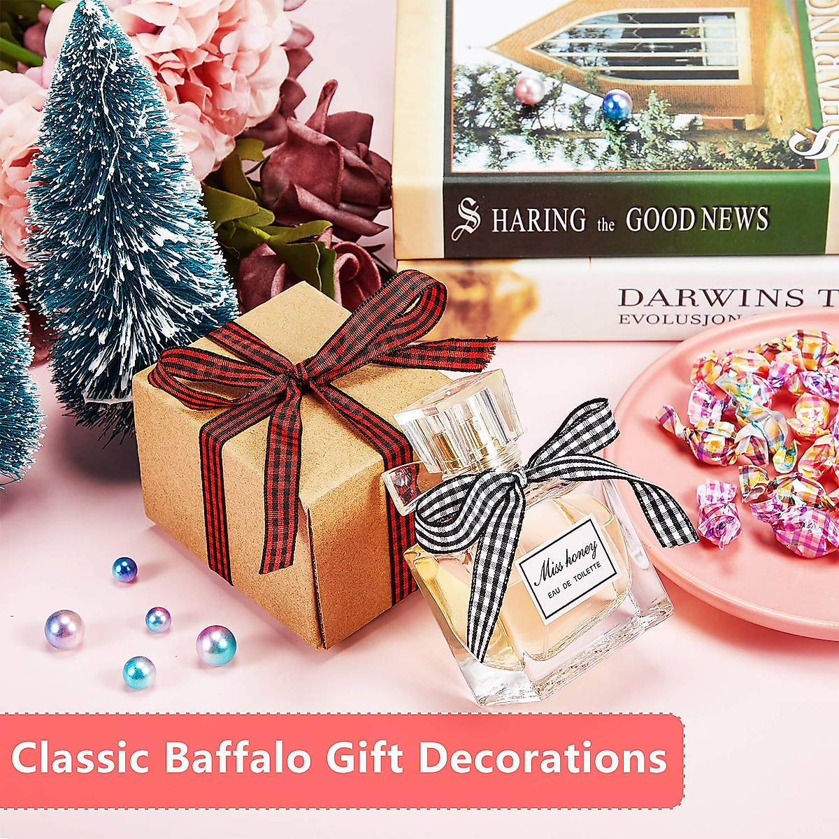 100 Yards Easter Gingham Ribbon - 3/8 Inch Wide Checkered Ribbons for Hair, Craft Decoration & Gift Wrapping - Valentine's Day - 2 Rolls (Red & Black, Black & White)