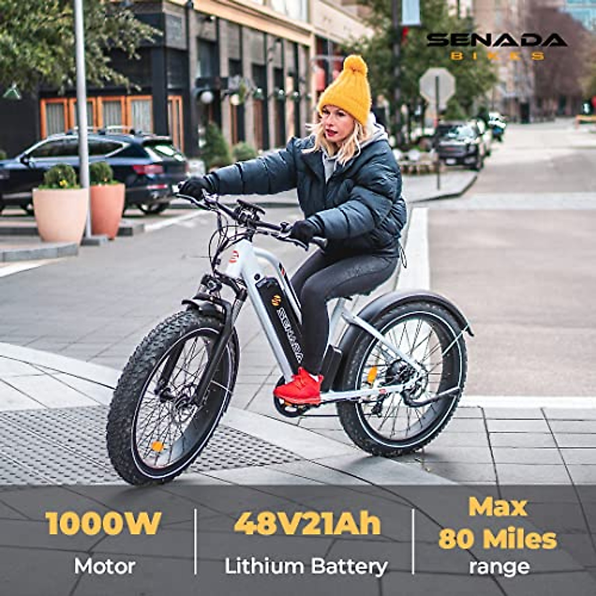 SENADA Fat Tire Electric Bike 26"X4" Electric Bicycle for Adults 30 MPH, 1000W Motor 48V 21AH Battery Snow Adults Ebike with Shimano 7-Speed for Electric Commuter/Trail Riding,UL Certified