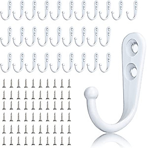 30 Pieces Large Wall Mounted Coat Hook Robe Hooks Cloth Hanger Coat Hanger Coat Hooks Rustic Hooks and 60 Pieces Screws for Bath Kitchen Garage Single Coat Hanger (White)