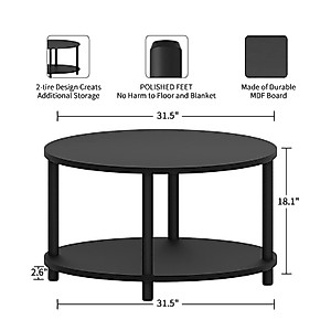 Unihouse Round Coffee Table for Living Room, 31.5’’ 2 Tier Black Wooden Coffee Table with Open Storage Shelf for Office/Reception Room,Sturdy Metal Legs, Easy to Assemble
