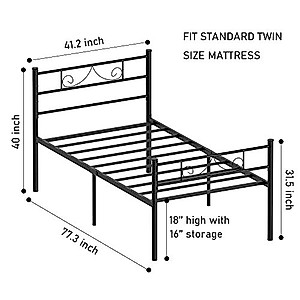 HAAGEEP Twin Bed Frame with Headboard Storage No Box Spring Needed Metal Platform Single Size Bedframe Foundation 18 Inch High