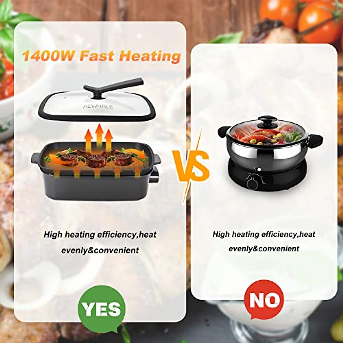 AEWHALE 2-in-1 Multifunctional Electric Grill,Indoor Smokeless Electric Griddle Electric Skillet with Removable Non-Stick Plate+Pot+Lid,1400W Adjustable Temperature Party Griddle