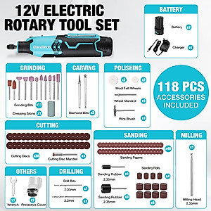 DURATECH Cordless Rotary Tool Kit, 12V Rotary Tool with 2.0Ah Rechargeable Battery, 5000-35000RPM 7 Variable Speed, 118PCS Accessories for Sanding, Polishing, Carving, Cutting, Drilling and DIY Crafts