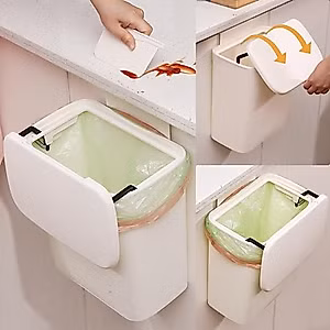 Hanging Kitchen Trash Can,2.4 Gallon Waste Bin with Lid for Kitchen,Small Plastic Compost Bin for Counter Top or Under Sink,Mountable Garbage Can for Bedroom,Bathroom, Cabinet,Car and Office,White