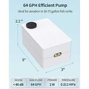 Pawfly 64 GPH Aquarium Air Pump with Dual Outlets Adjustable Quiet Oxygen Aerator Pump with Airline Tubing Air Stone Connector and Check Valve Accessories for Fish Tanks up to 75 Gallons