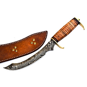 Skokie Knives Custom Hand Made Damascus Steel Hunting Knife Handle Stacked Leather With Double Brass Double Clip