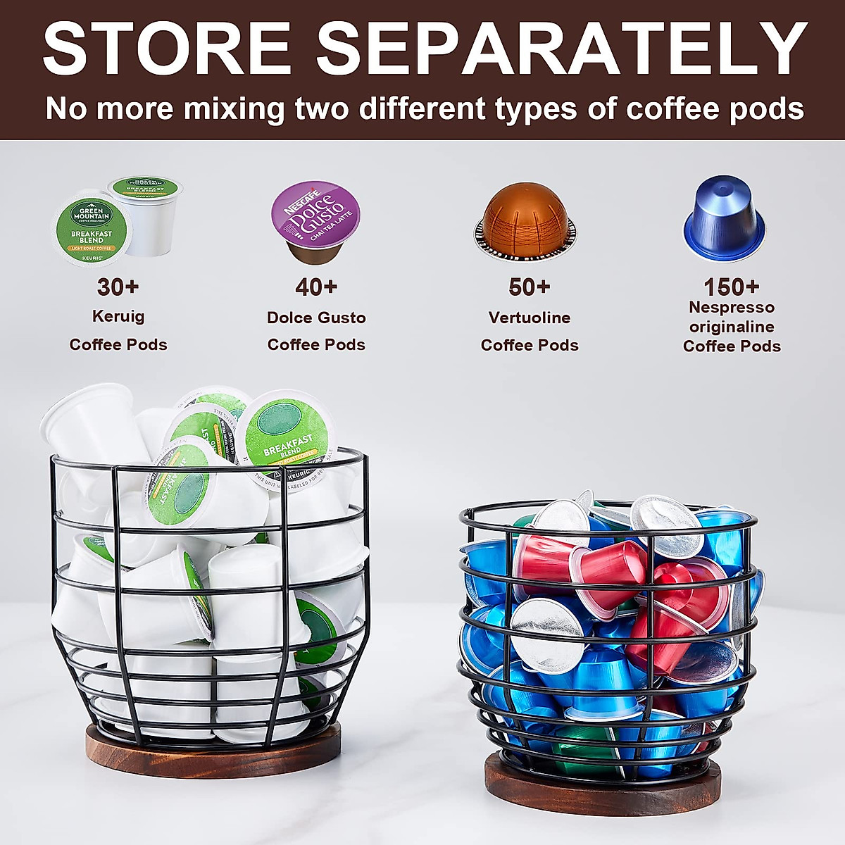 Yangbaga 2pcs Coffee Pod Holder ,Large Capacity Black Wire K cup Holder with Wooden Base,Modern Coffee Basket Coffee Bar Decor for Coffee Station for espresso Pods & Capsules，Fruit Snack Storage