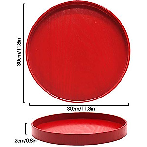 Round Solid Wood Serving Tray, Non-Slip Tea Coffee Snack Plate Food Meals Serving Tray with Raised Edges for Home Kitchen Restaurant(11.8inch,Red )
