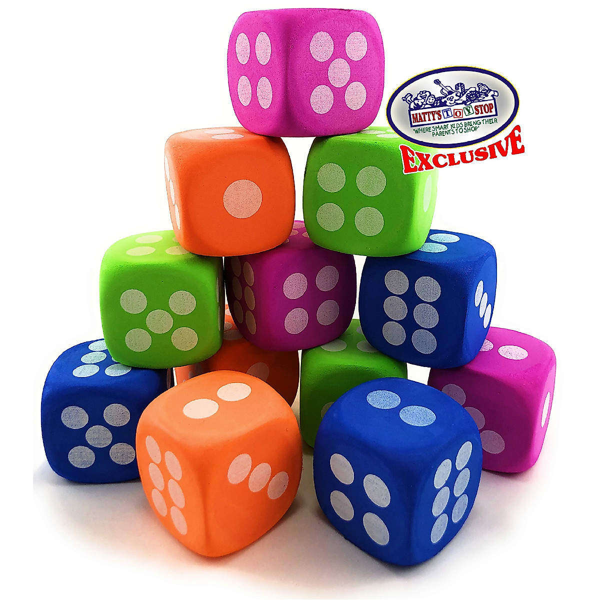 Deluxe Large 2.25" EVA Foam Dice (Pack of 12) with Bonus Matty's Toy Stop Storage Bag