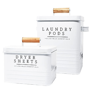 KOANEssentials Farmhouse Metal Laundry Pods Container with Dryer Sheet Holder for Laundry Room Organization and Storage, Farmhouse Decor, Eco Frendly,Holds 200 Laundry Pods and 300 Dryer Sheets