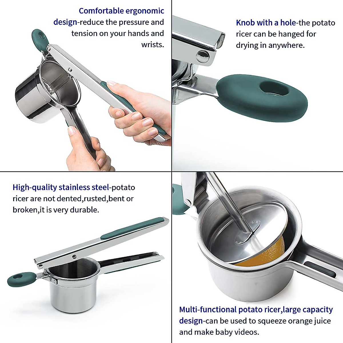 Potato Ricer,Ricer For Mashed Potatoes,Heavy Duty Potato Ricer Stainless Steel Create Fluffy Mashed Potatoes,Comfortable Silicone Handle Spaetzle Maker,Potato Press For Gnocchi Lefse Spinach