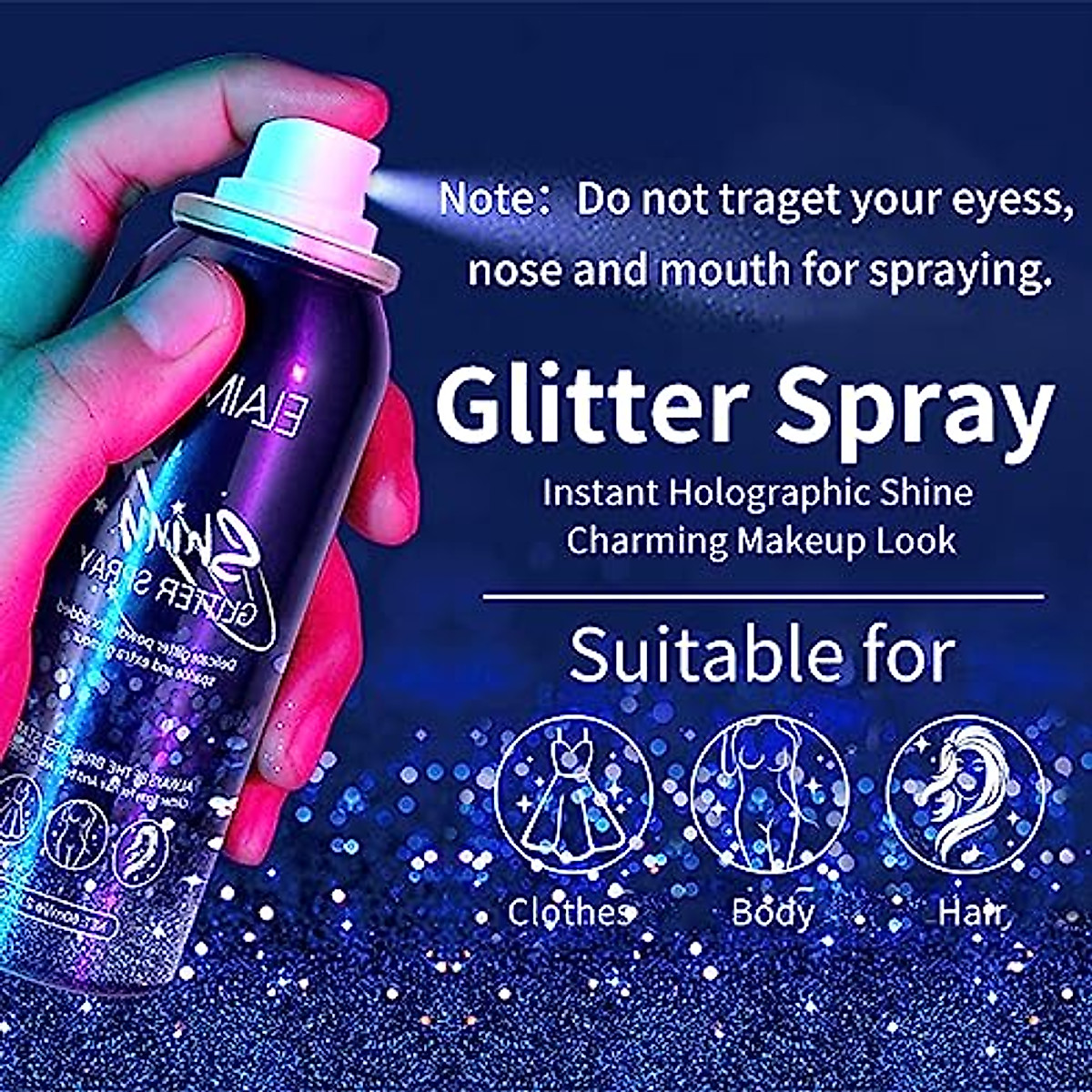 HANYWIL Body Glitter, Glitter Hairspray, Holographic Body Glitter Spray for Skin, Face and Hair, Quick Dry Glitter Spray, Temporary Shiny Spray for Clothes 2.11 Fl.oz