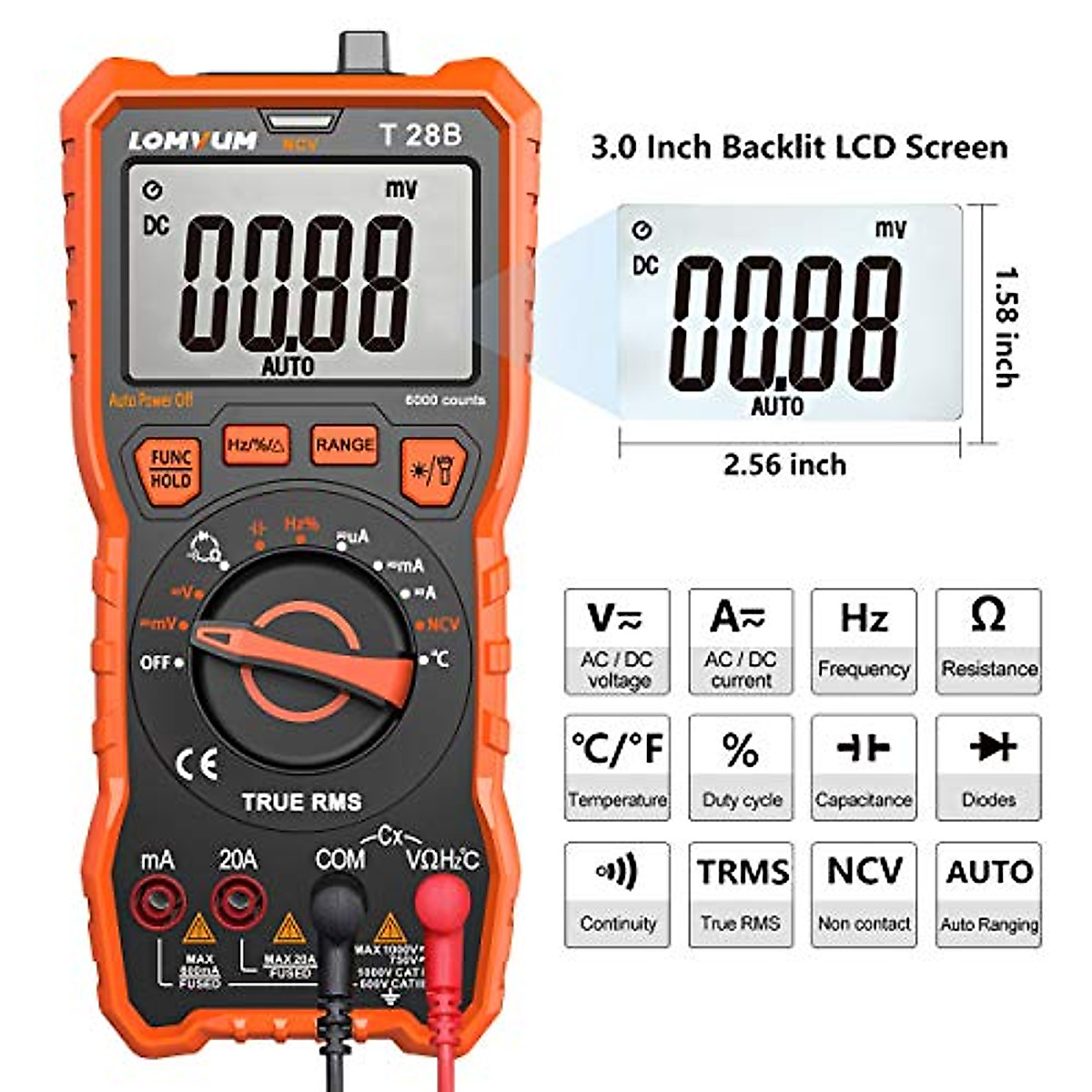 LOMVUM Digital Multimeter, 6000 Counts Auto-Ranging Voltage Tester Meter with Ohm Volt Amp Capacitance Temperature Frequency Diode Backlit LCD and Flashlight