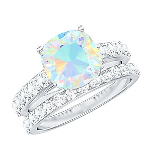 Certified Opal Wedding Ring Set, AAA Quality, Natural 8mm Cushion Cut Opal Engagement Ring with Moissanite Enhancer, 14K White Gold, Size:US 10.00