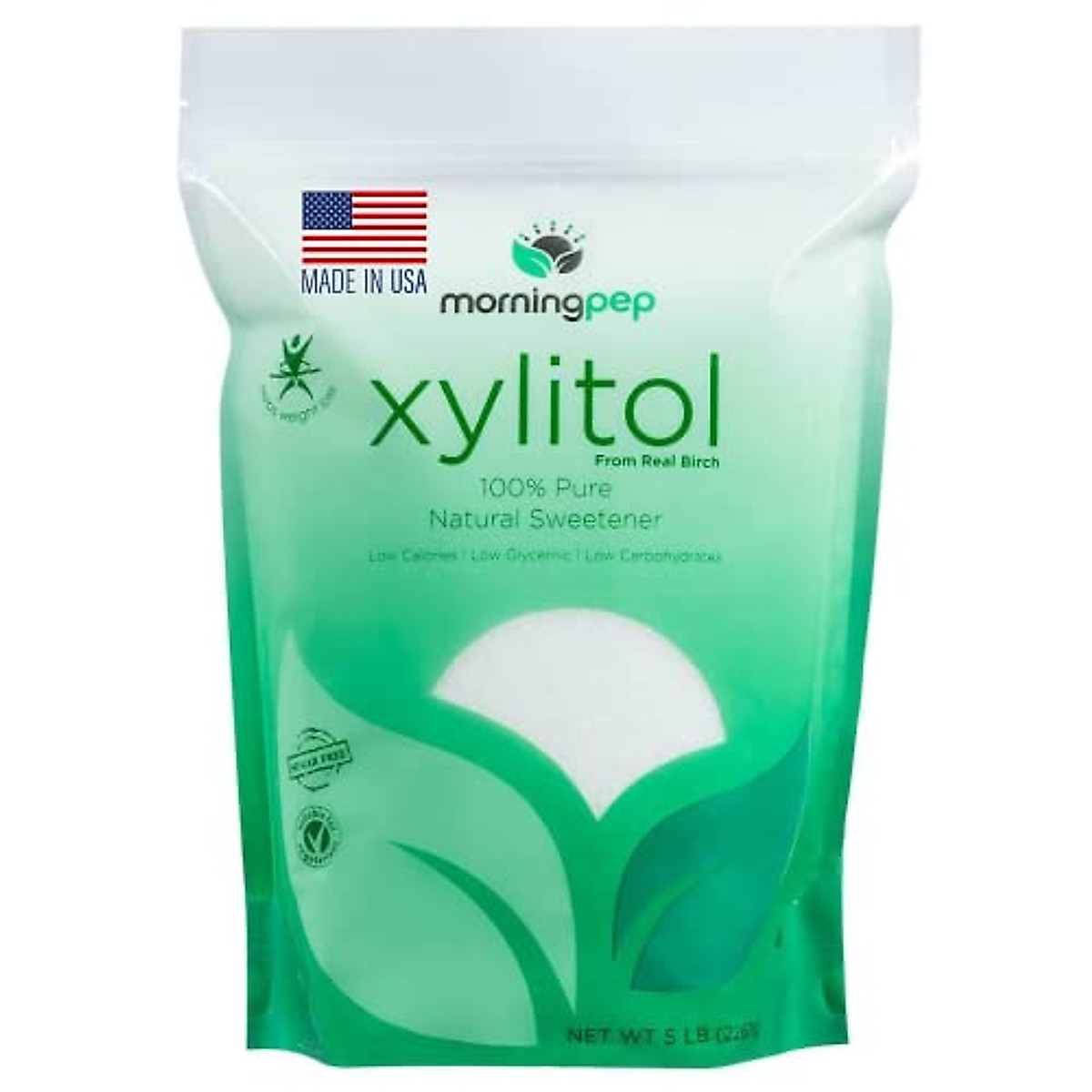 Morning Pep Pure Birch Xylitol (Keto Diet Friendly) Sweetener with no Aftertaste 5 LBs (Not from Corn) Non GMO Kosher Gluten Free Product of USA. 80 Onces