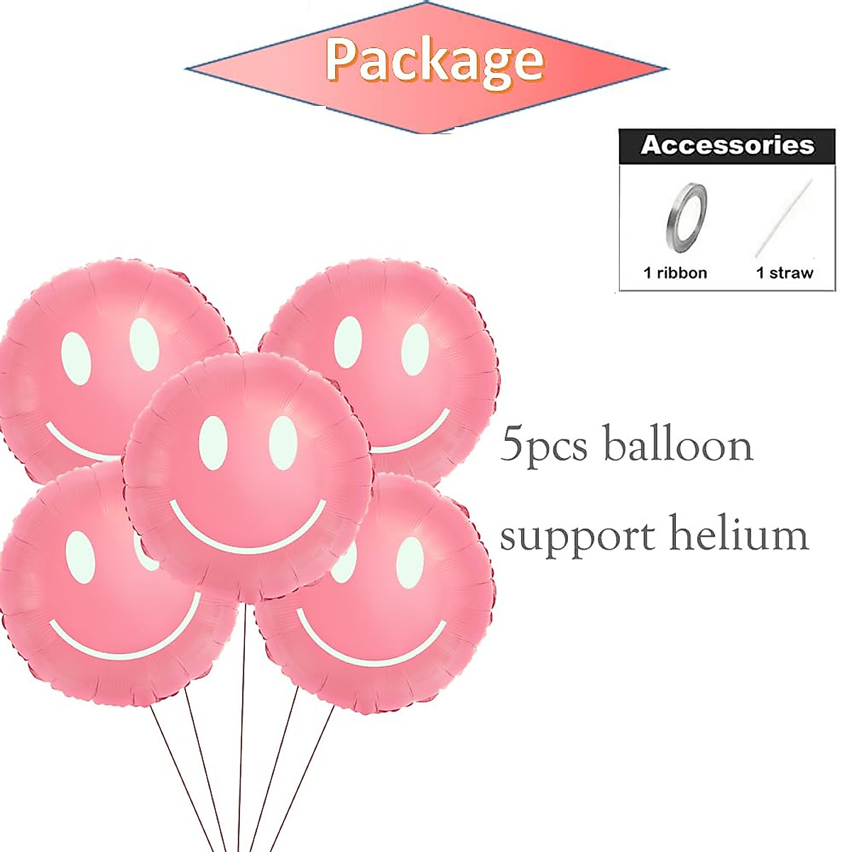 24Inch pink smile balloons,pink smiley face foil balloons for girl birthday party decoration/groovy party supplies(5pieces)