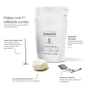 Phoenix Wick Candle Pack – Transform Anything Into A Candle – Candle Making Kit with Wick + 7oz Wax (Teakwood Scent)