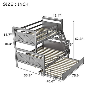 SOFTSEA Twin Over Full Bunk Bed with Trundle, Modern Bunk Bed with Ladder and Guardrails for Kids, Solid Wood Bunk Bed Frame, Can be Converted into 2 Beds Full Bed with Trundle and Loft Bed, Gray