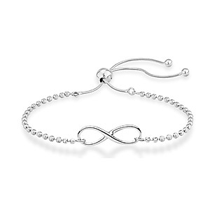 Miabella 925 Sterling Silver or 18Kt Yellow Gold Over Silver Infinity Adjustable Bolo Beaded Ball Chain Bracelet for Women, Made in Italy (Sterling Silver)