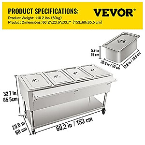 VEVOR Commercial Electric Food Warmer, 4-Pot Steam Table Food Warmer 0-100℃ w/ 2 Lockable Wheels, Professional Stainless Steel Material for Catering and Restaurants
