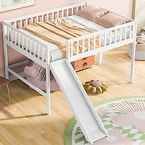 HBRR Full Size Loft Bed with Slide, Wood Low Loft Bed Frame with Ladder & Safety Guardrail, for Kids Boys Girls, White