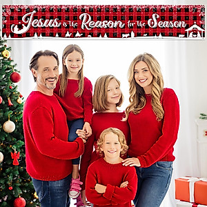 Holy Nativity Christmas Banner Manger Scene Religious Christmas Yard Banner Jesus Is the Reason for the Season Banner Red Buffalo Plaid Hanging Banner for Xmas Winter Holiday Outdoor Indoor Decoration