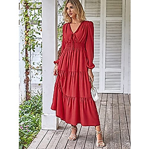 ZAFUL Women Casual V Neck Long Dress Tie Neck Solid Color High Waist Tiered Ruffle Hem A Line Swing Maxi Dresses (1-Wine, M)