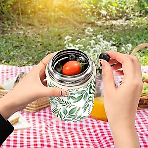 Watercolor Green Leafs Kids Womens Insulated Food Jar Containers with Spoon 17oz/500ml Insulated Lunch Containers Stainless Steel Vacuum Food Warmer Storage Containers for Hot/Cold Food