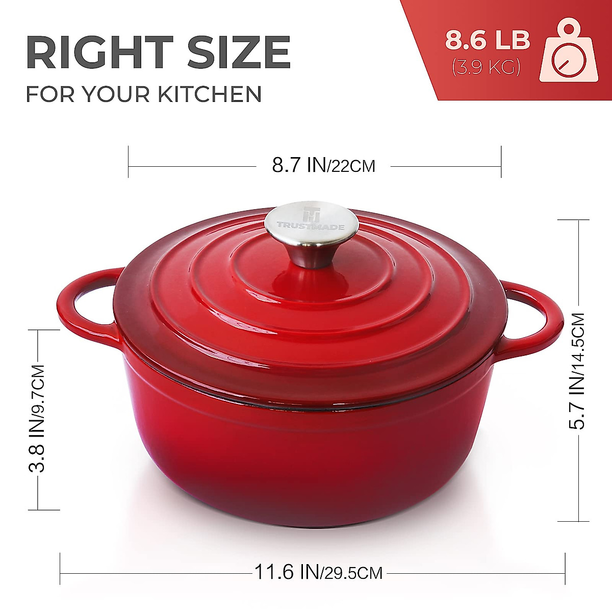 Trustmade 3 QT Cast Iron Dutch Oven, Enamel Coated Cookware Pot with Self Basting Lid for Home Baking, Braiser, Cooking, Red