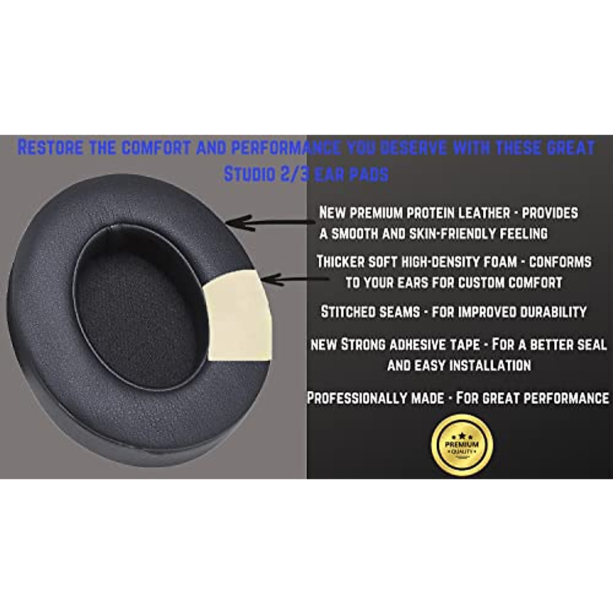Premium Replacement Studio 3 Ear Pads/Studio 2 earpads Cushions. Compatible with Beats Studio 3 / Beats Studio 2 Headphones (Black). Premium Protein Leather | High Density Foam | Extra Thick